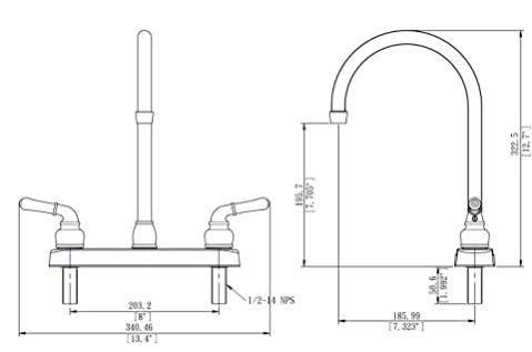 Chromed Surface 8" Two-Handle Tall Stainless Steel Spout Kitchen Faucet 8-Inch Center Hole [1113 PF] ADA Plastic (POM) Body HI Rise SPOUT NO Lead