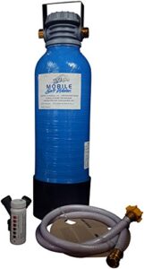 mobile-soft-water premier 8,000 gr rv softener - nsf 61 brass gh fittings - portable - manual regenerate for rv, cabins, tiny homes with hardness test strips, regeneration valve, and 4ft-1/2 id hose