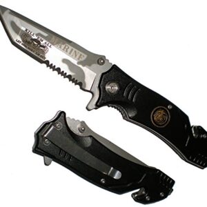 Black Handle Camo Blade KILL'EM ALL LET GOD SORT'EM OUT U.S. MARINES SPRING ASSISTED RESCUE POCKET KNIFE WITH GLASS BREAKER