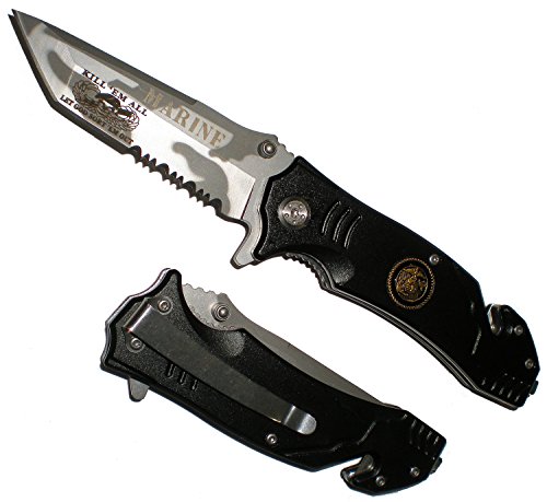 Black Handle Camo Blade KILL'EM ALL LET GOD SORT'EM OUT U.S. MARINES SPRING ASSISTED RESCUE POCKET KNIFE WITH GLASS BREAKER