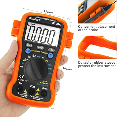 BTMETER BT-39C True RMS Digital Multimeter Auto Ranging for AC DC Voltage,Current, Resistance, Capacitance Tester with Temp Battery LED Test Auto Backlit