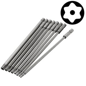 yakamoz 8pcs 1/4 inch hex shank t8-t40 magnetic torx head screw driver bit set security tamper proof star 6 point screwdriver kit tools | 150mm length