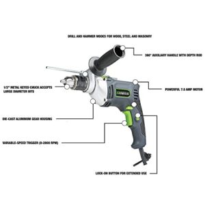 Genesis GHD1275 7.5-Amp 1/2-In. Variable-Speed Reversible Hammer Drill with Depth Gauge, Auxiliary Handle, Chuck Key and 2 Year Warranty