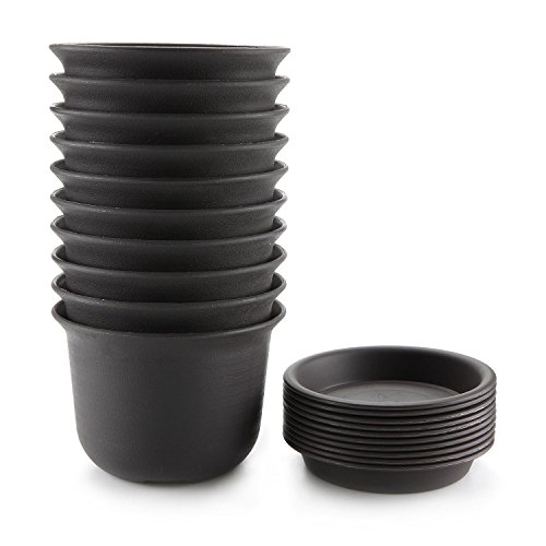 T4U 4.25 Inch Plastic Planter Pots with Saucer Brown Set of 10, Seeding Nursery Planter Pot with Drainage and Tray for Flowers Herbs African Violets Succulents Orchid Cactus Indoor Outdoor