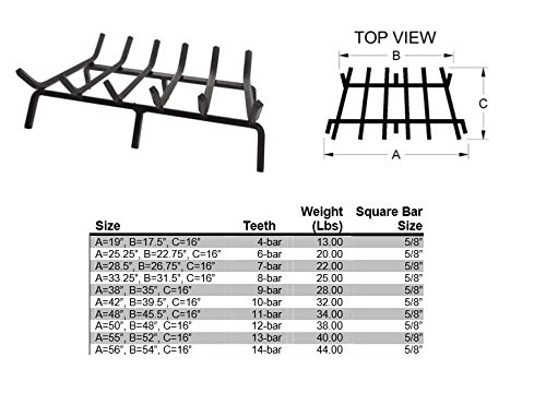 COOKE Standard Steel Fireplace Grate, for Indoor and Outdoor Wood Burning Fireplaces, Choose from Many Sizes (Front: 56", Back 54", Depth: 16", 14-bar)