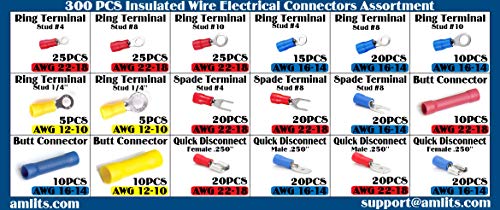 Amlits 300 PCS Insulated Wire Electrical Connectors - Butt, Ring, Spade, Quick Disconnect - Crimp Terminals Connectors Assortment Kit