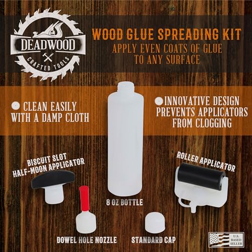 DCT Wood Glue Spreading Woodworking Kit – 8 oz Ounce Bottle, Roller Applicator, Dowel Hole Nozzle, Biscuit Slot Tip