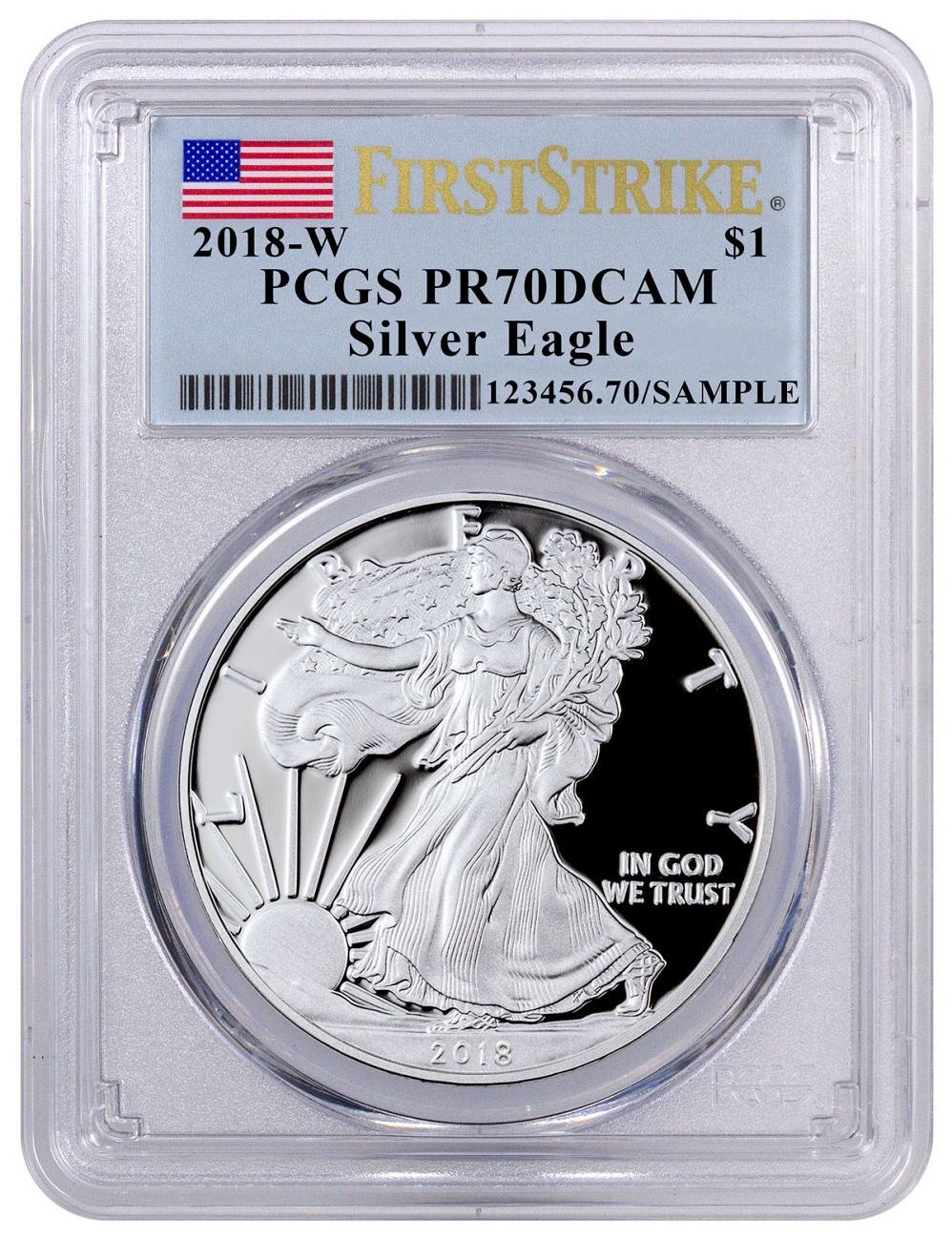 2018 W Silver Eagle 2018-W Proof American Silver Eagle PCGS PR70 DCAM First Strike Flag Label $1 PR-70 PCGS PR