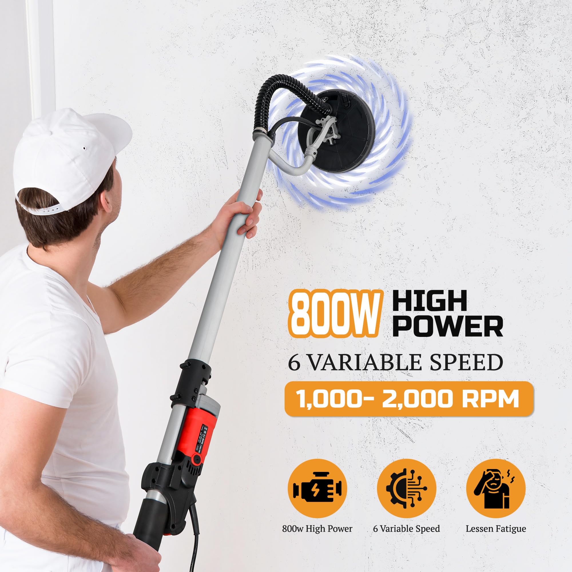 ZENY 800W Electric Drywall Sander Adjustable Variable Speed w/ 6 Sand Pads