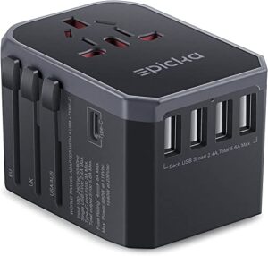 epicka universal travel adapter one international wall charger ac plug adaptor with 5.6a smart power and 3.0a usb type-c for usa eu uk aus (ta-105, grey)