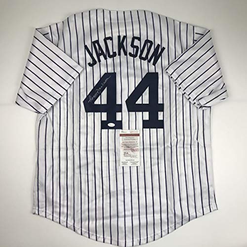 Autographed/Signed Reggie Jackson New York NY Pinstripe Baseball Jersey JSA COA