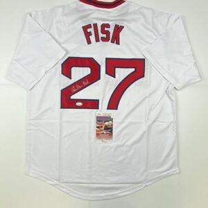 autographed/signed carlton fisk boston white baseball jersey jsa coa