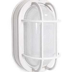 CORAMDEO Outdoor 8.5” Oval LED Nautical Bulkhead Light, Flush Mount for Wall or Ceiling, Wet Location, 75W of Light, 800 Lumens, 3K, White Cast Aluminum with Frosted Glass Lens