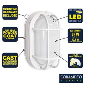 CORAMDEO Outdoor 8.5” Oval LED Nautical Bulkhead Light, Flush Mount for Wall or Ceiling, Wet Location, 75W of Light, 800 Lumens, 3K, White Cast Aluminum with Frosted Glass Lens