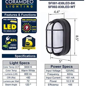 CORAMDEO Outdoor 8.5” Oval LED Nautical Bulkhead Light, Flush Mount for Wall or Ceiling, Wet Location, 75W of Light, 800 Lumens, 3K, White Cast Aluminum with Frosted Glass Lens