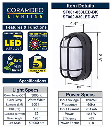 CORAMDEO Outdoor 8.5” Oval LED Nautical Bulkhead Light, Flush Mount for Wall or Ceiling, Wet Location, 75W of Light, 800 Lumens, 3K, White Cast Aluminum with Frosted Glass Lens