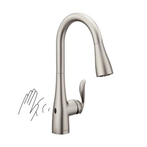 moen arbor spot resist stainless motionsense wave sensor one-handle pulldown kitchen sink faucet featuring power clean, touchless kitchen faucet with sprayer, 7594ewsrs