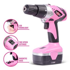 Pink Power Drill Set and Electric Screwdriver Tool Kit for Women's Pink Tool Set - 18V Cordless Drill with Bit Set, 3.6V Cordless Screwdriver with Tool Case for Ladies Home Tool Kit Power Tool