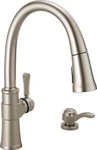 delta faucet spargo brushed nickel kitchen faucet, kitchen faucets with pull down sprayer, kitchen sink faucet, faucet for kitchen sink, soap dispenser, spotshield stainless 19964z-spsd-dst