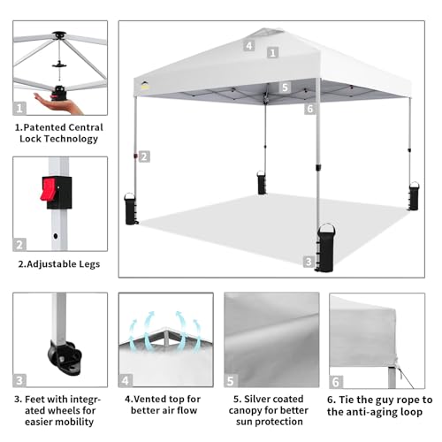 Crown Shades 10x10 Pop up Canopy Outside Canopy, Patented One Push Tent Canopy with Wheeled Carry Bag, Bonus 8 Stakes and 4 Ropes, White