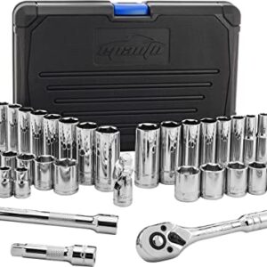 EPAuto 45 Pieces 3/8" Drive Socket Set with 72-Tooth Pear Head Ratchet