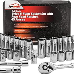 EPAuto 45 Pieces 3/8" Drive Socket Set with 72-Tooth Pear Head Ratchet