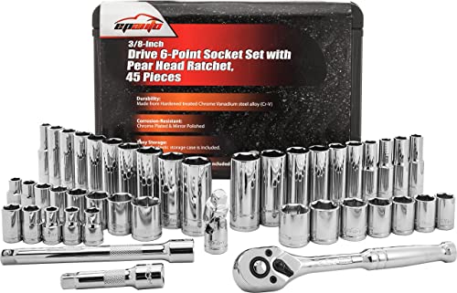 EPAuto 45 Pieces 3/8" Drive Socket Set with 72-Tooth Pear Head Ratchet