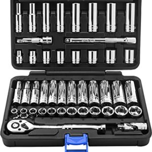 EPAuto 45 Pieces 3/8" Drive Socket Set with 72-Tooth Pear Head Ratchet