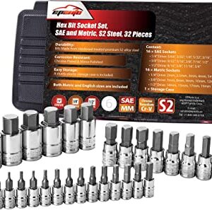 EPAuto 32 PCs Hex Bit Socket Set, SAE and Metric, S2 & Cr-V Steel