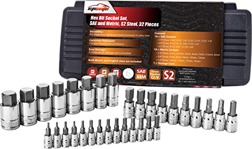 EPAuto 32 PCs Hex Bit Socket Set, SAE and Metric, S2 & Cr-V Steel