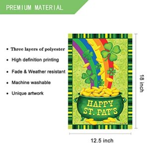 Dtzzou Happy St.Pat's Garden Flag 12.5" x 18" Decorative Shamrock Clover Garden Flag Gold Pot Coin Rainbow Double Sided Flag for St. Patrick's Day Decoration