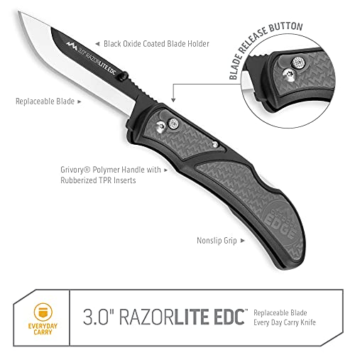 OUTDOOR EDGE 3.0" RazorLite EDC Knife. Pocket Knife with Replaceable Blades and Clip. Hunting Knife for Skinning Deer. Gray with 4 Blades