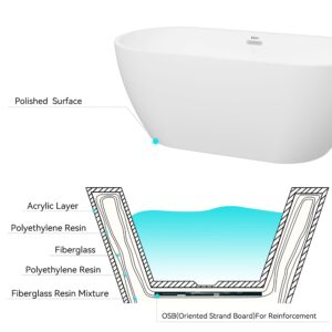 FerdY Bali 59" Acrylic Freestanding Bathtub, Gracefully Shaped Freestanding Soaking Bathtub, Toe-Tap Chrome Drain and Classic Slotted Overflow Included, Glossy White, cUPC Certified