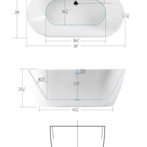 FerdY Bali 59" Acrylic Freestanding Bathtub, Gracefully Shaped Freestanding Soaking Bathtub, Toe-Tap Chrome Drain and Classic Slotted Overflow Included, Glossy White, cUPC Certified