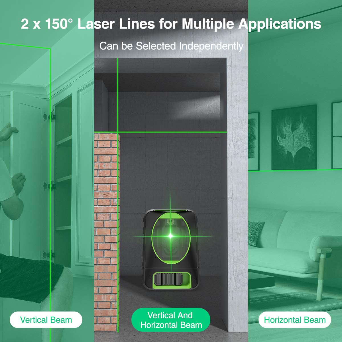 Self-leveling Laser Level - Huepar Box-1G 150ft/45m Outdoor Green Cross Line with Vertical Beam Spread Covers of 150°, Selectable Laser Lines, 360° Magnetic Base and Battery Included