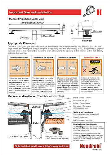 Neodrain Professional Black 24-Inch Linear Shower Drain Manufacturer with Removable Capsule Pattern Grate, 304 Stainless Steel Rectangle Shower Floor Drain- Adjustable Leveling Feet,Hair Strainer