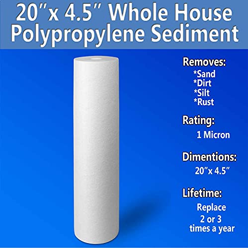 Ronaqua Big Sediment Replacement Water Filters 1 Micron 4.5"x 20" Cartridges Well-Matched with 155358-43, 2PP20BB1M, AP810-2, FPMB-BB5-20, FP25B, P5-20BB, SDC-45-2005 (20 Pack, 20")