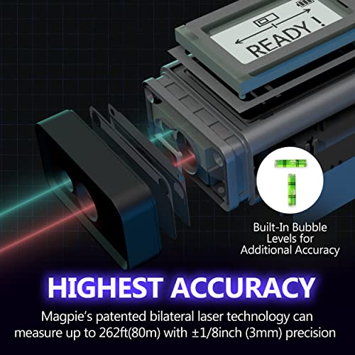 The First Bilateral Laser Measurement Tool - MAGPIE VH-80, 262ft/80m Dual Laser Distance Meter with Bluetooth App Connection, Laser Measure with 2 Bubble Levels for Fast, Precise Results