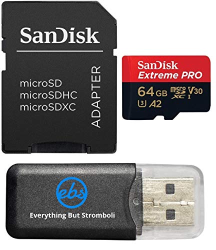 Sandisk 64GB Extreme Pro 4K Memory Card works with Samsung Galaxy S9, S9+, S8, S8 Plus, Note 8, S7, S7 Edge - UHS-1 V30 Micro (SDSQXCG-064G-GN6MA) with Everything But Stromboli (TM) Card Reader