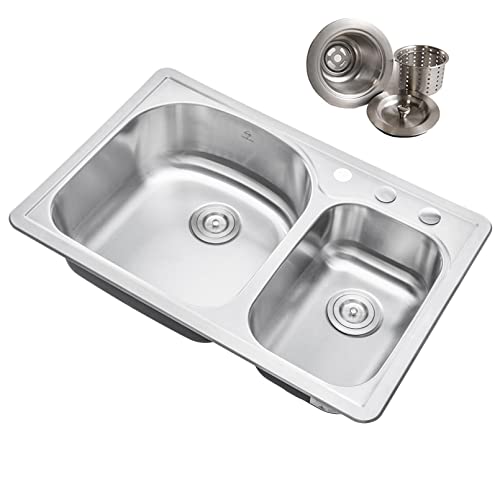 CozyBlock 33 x 22 x 8 Inch 70/30 Offset Top-mount/Drop-in Stainless Steel Double Bowl Kitchen Sink with Strainer - 18 Gauge Stainless Steel-3 Faucet Hole