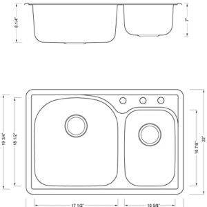 CozyBlock 33 x 22 x 8 Inch 70/30 Offset Top-mount/Drop-in Stainless Steel Double Bowl Kitchen Sink with Strainer - 18 Gauge Stainless Steel-3 Faucet Hole