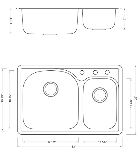 CozyBlock 33 x 22 x 8 Inch 70/30 Offset Top-mount/Drop-in Stainless Steel Double Bowl Kitchen Sink with Strainer - 18 Gauge Stainless Steel-3 Faucet Hole