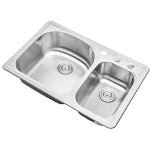 CozyBlock 33 x 22 x 8 Inch 70/30 Offset Top-mount/Drop-in Stainless Steel Double Bowl Kitchen Sink with Strainer - 18 Gauge Stainless Steel-3 Faucet Hole