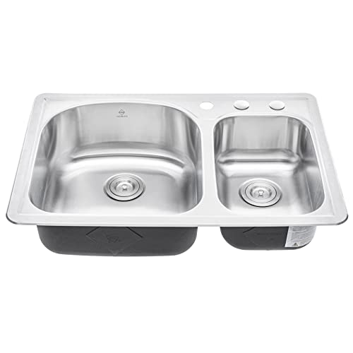 CozyBlock 33 x 22 x 8 Inch 70/30 Offset Top-mount/Drop-in Stainless Steel Double Bowl Kitchen Sink with Strainer - 18 Gauge Stainless Steel-3 Faucet Hole