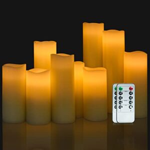 oshine flameless battery operated candle, led - set of 9 flickering pillar with 10-key remote & 24 hours timer, ivory real wax candles for home decor