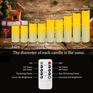 OSHINE Flameless Battery Operated Candle, LED - Set of 9 Flickering Pillar with 10-Key Remote & 24 Hours Timer, Ivory Real Wax Candles for Home Decor