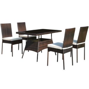 Tangkula 5 Piece Patio Wicker Dining Set, Outdoor Rattan Table and Chairs with w/Tempered Glass Table Top & Padded Cushions, Wicker Patio Conversation Furniture Set for Balcony Patio Garden Poolside