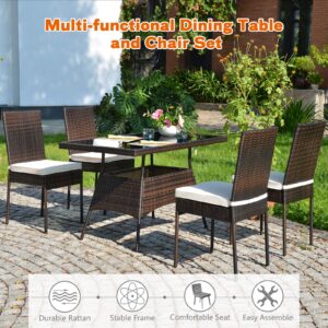 Tangkula 5 Piece Patio Wicker Dining Set, Outdoor Rattan Table and Chairs with w/Tempered Glass Table Top & Padded Cushions, Wicker Patio Conversation Furniture Set for Balcony Patio Garden Poolside