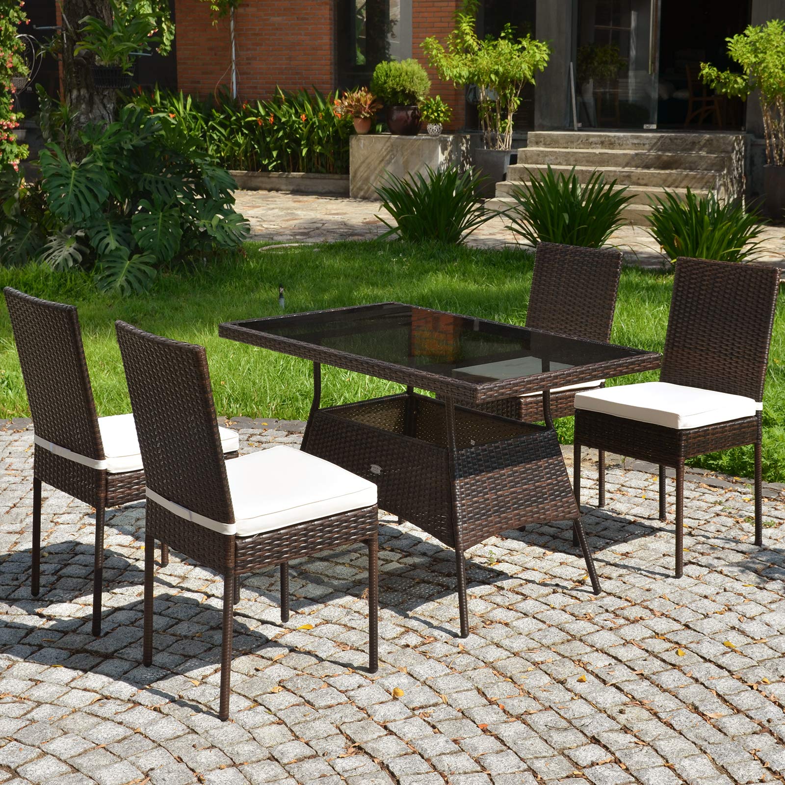 Tangkula 5 Piece Patio Wicker Dining Set, Outdoor Rattan Table and Chairs with w/Tempered Glass Table Top & Padded Cushions, Wicker Patio Conversation Furniture Set for Balcony Patio Garden Poolside