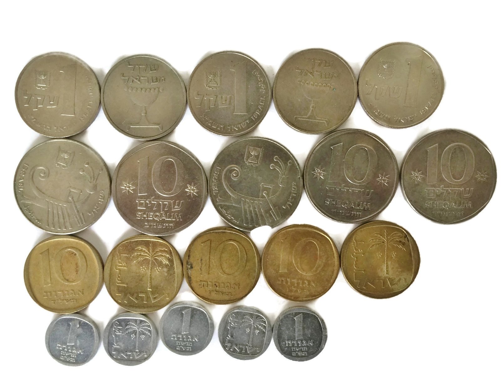 Lot of 20 Israeli Old Collectible Rare Coins: 1 Shekel, 10 Shekel, 1 Agora, 10 Agorot